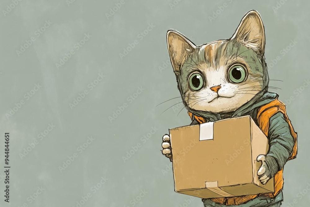 Diligent Delivery Cat: A charming, wide-eyed tabby cat, clad in an ...