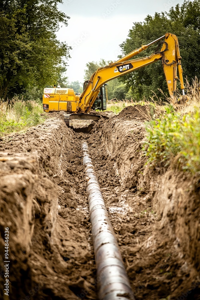 Excavator on a rural site, digging a trench for a pipeline. The area is ...
