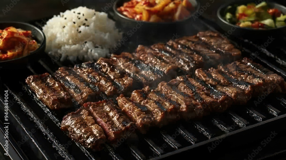 Delicious Korean BBQ Galbi Short Ribs Grilling on Smoky Charcoal Grill ...