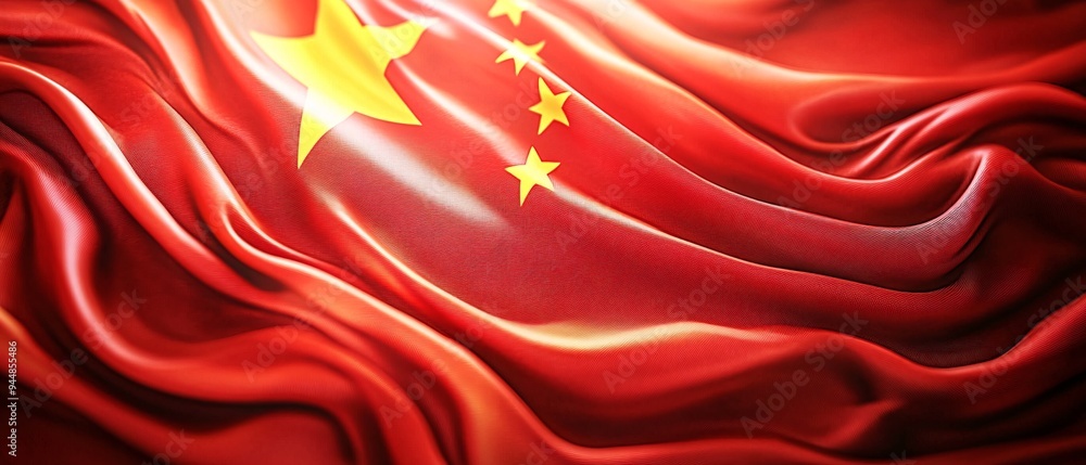 Realistic 3D render, waving Chinese flag, bright red background with ...