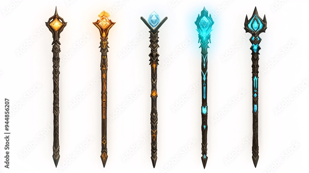 Magic game item design, ornate staff with glowing crystal at the top ...