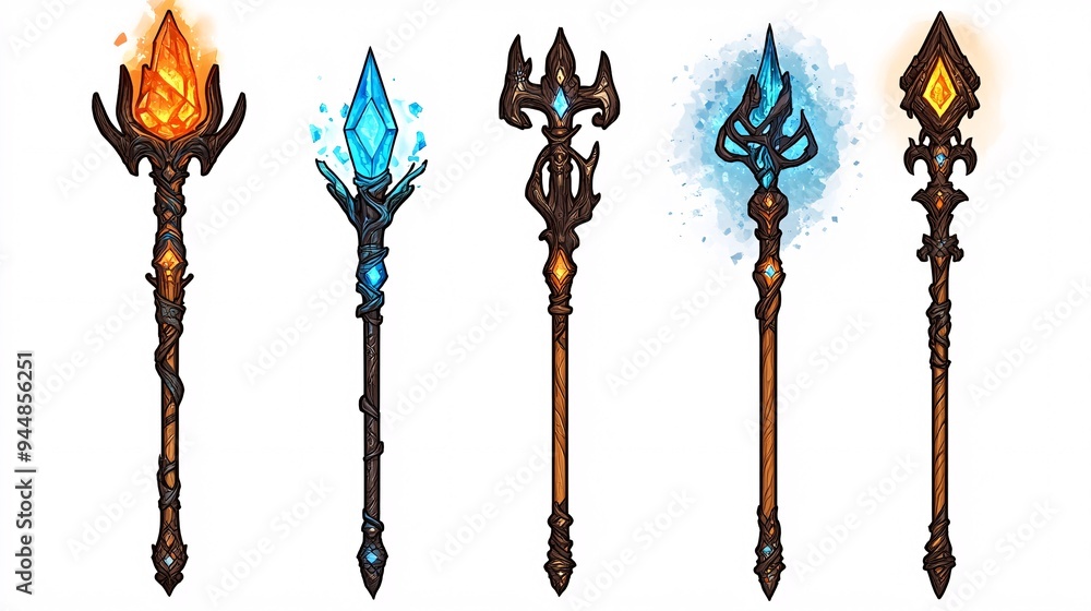 Magic game item design, ornate staff with glowing crystal at the top ...