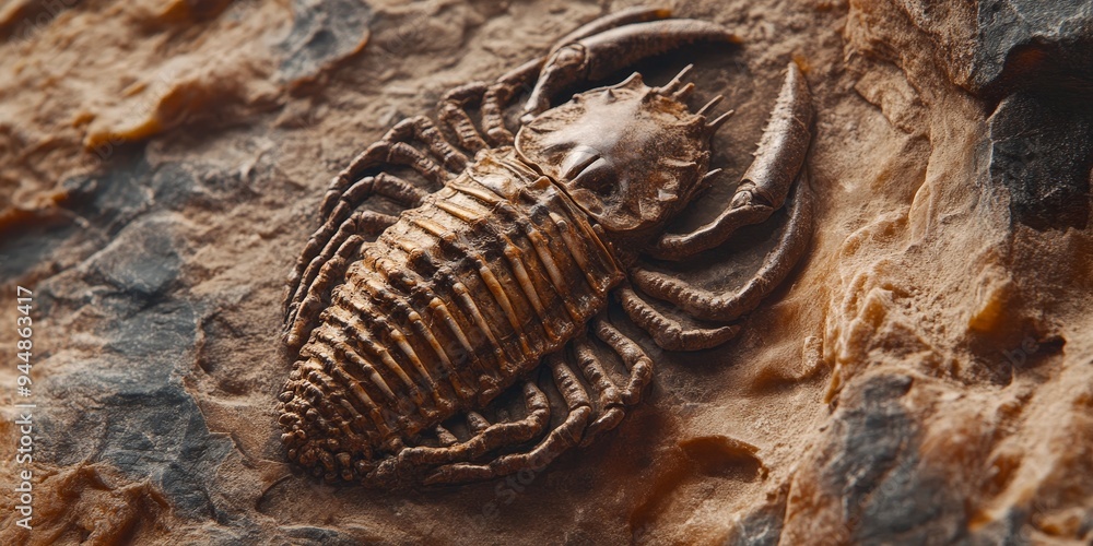a trilobite fossil in shale, with fine details of the exoskeleton and ...