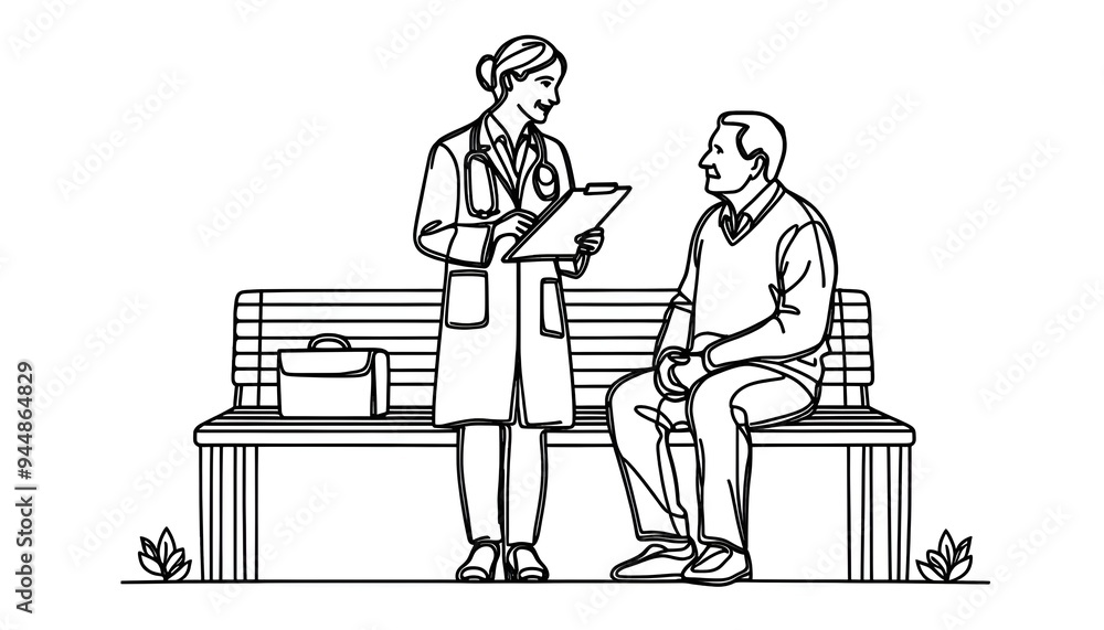 Continuous Line Drawing of Female Doctor Consulting an Old Senior ...
