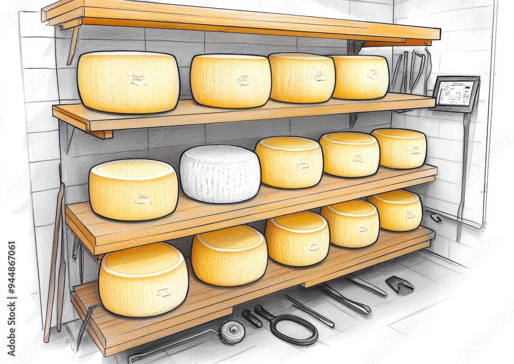 Shelves of Round Cheese Wheels in Aging Cellar for Artisan and ...