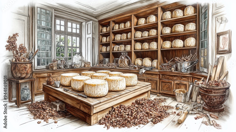 Vintage Cheese Store Interior with Wooden Shelves and Tables Displaying ...