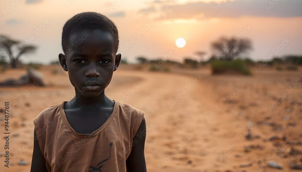 Sad African Kid - An African boy walking on a sandy path through a dry ...