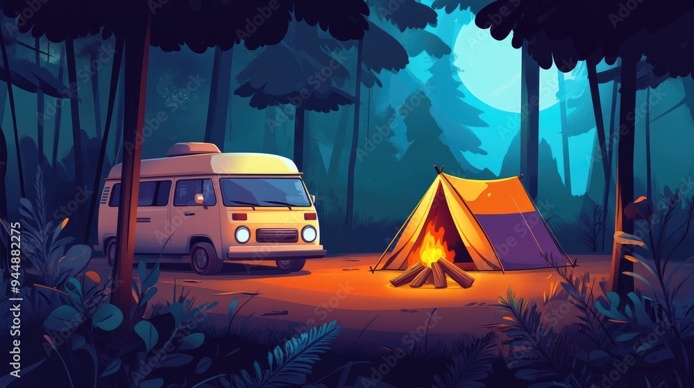 Camping scene featuring a mini van parked in a forest with a bonfire ...
