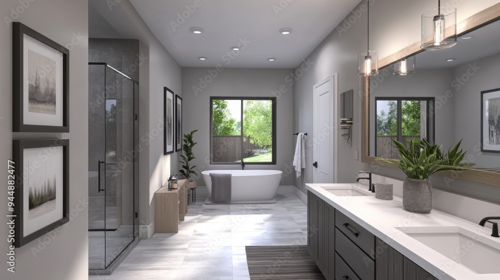 Elegant bathroom design with dual sinks, blending minimalist elements ...