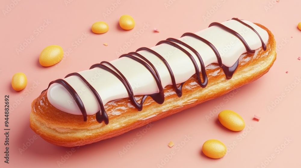 2D cartoon style eclair dessert displayed on a surface Stock ...