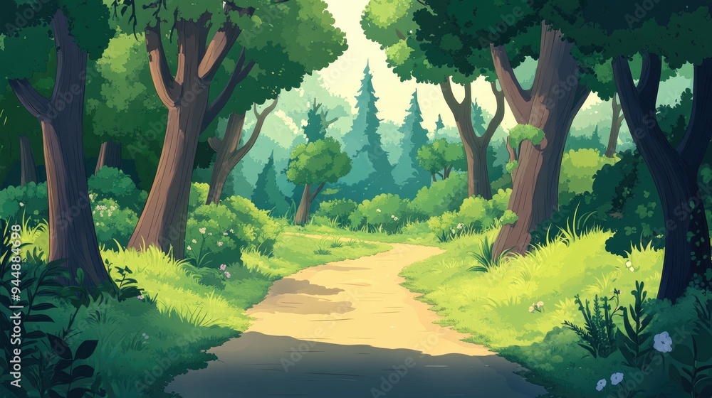 Cartoon illustration featuring a summer forest path devoid of people ...