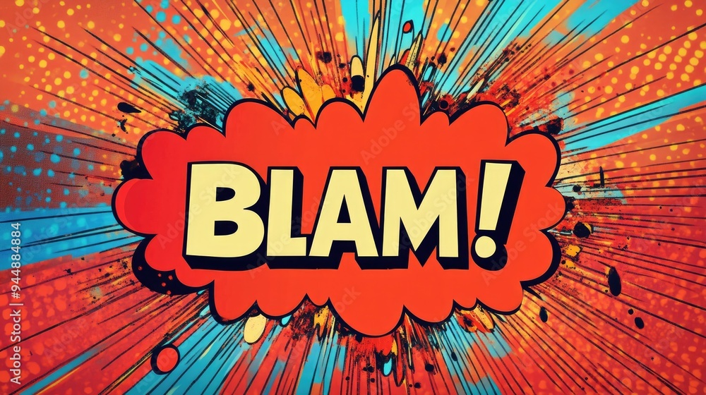 2D cartoon style BLAM text in a comic speech bubble against a dynamic ...