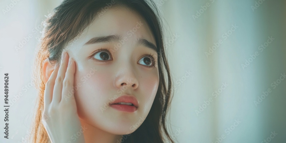 Concerned Asian Woman Examining Facial Pigmentation in Mirror: Melasma ...