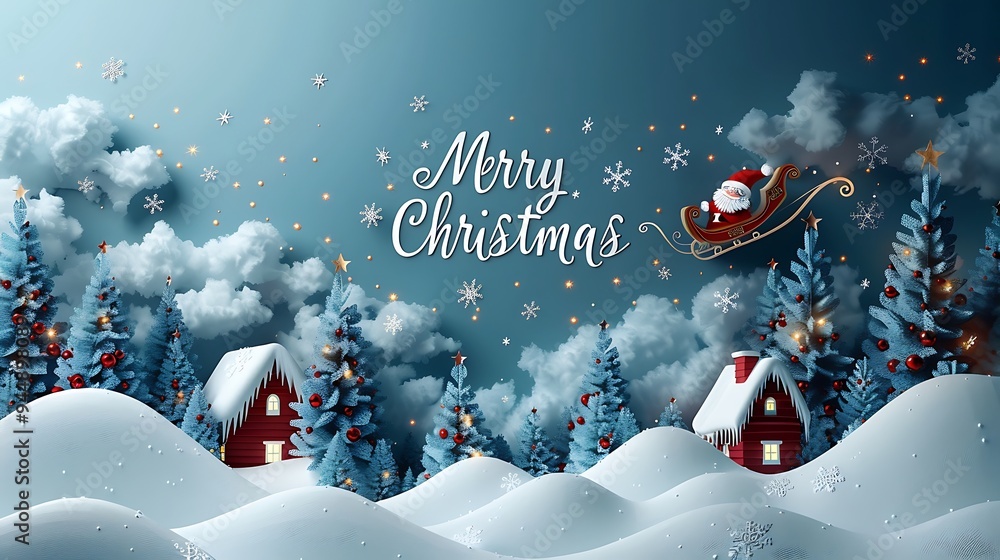 Santa's sleigh taking off from a paper-cut rooftop, "Merry Christmas ...
