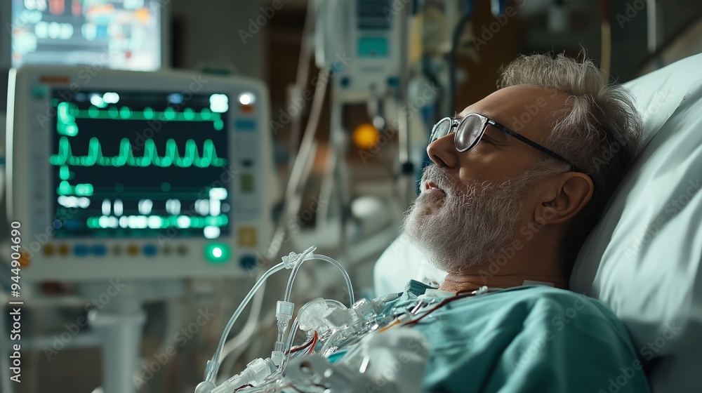 Elderly patient with breathing tube in intensive care unit, critical ...