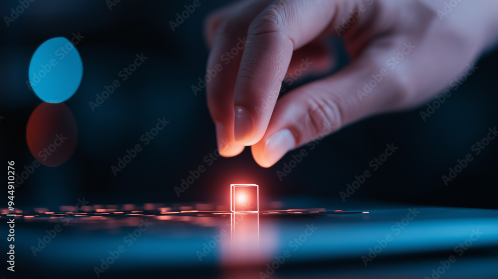 Hand activating glowing virtual button, futuristic technology interface ...