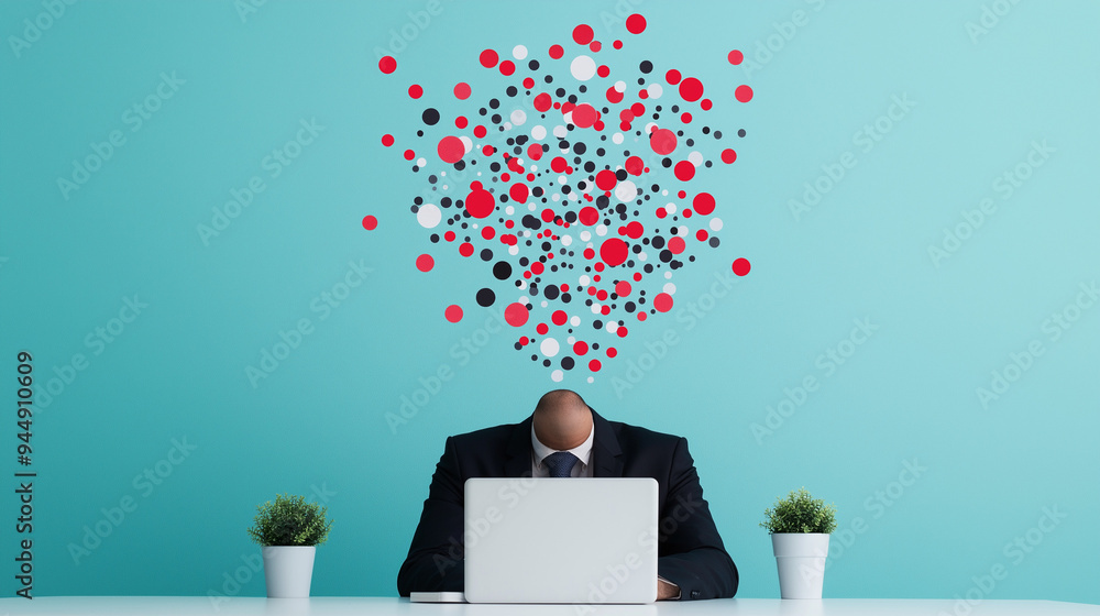 Businessman with exploding head of red and blue spheres, creative ...