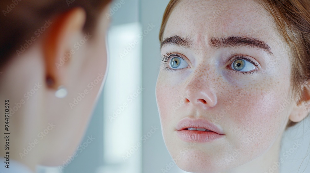 240805 210. A woman examining sore eyelid in office bathroom mirror ...