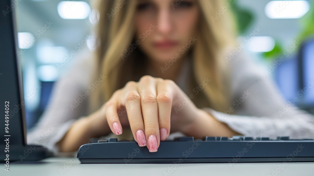 240805 223. A woman with discolored fingernail in office cubicle. Nail ...