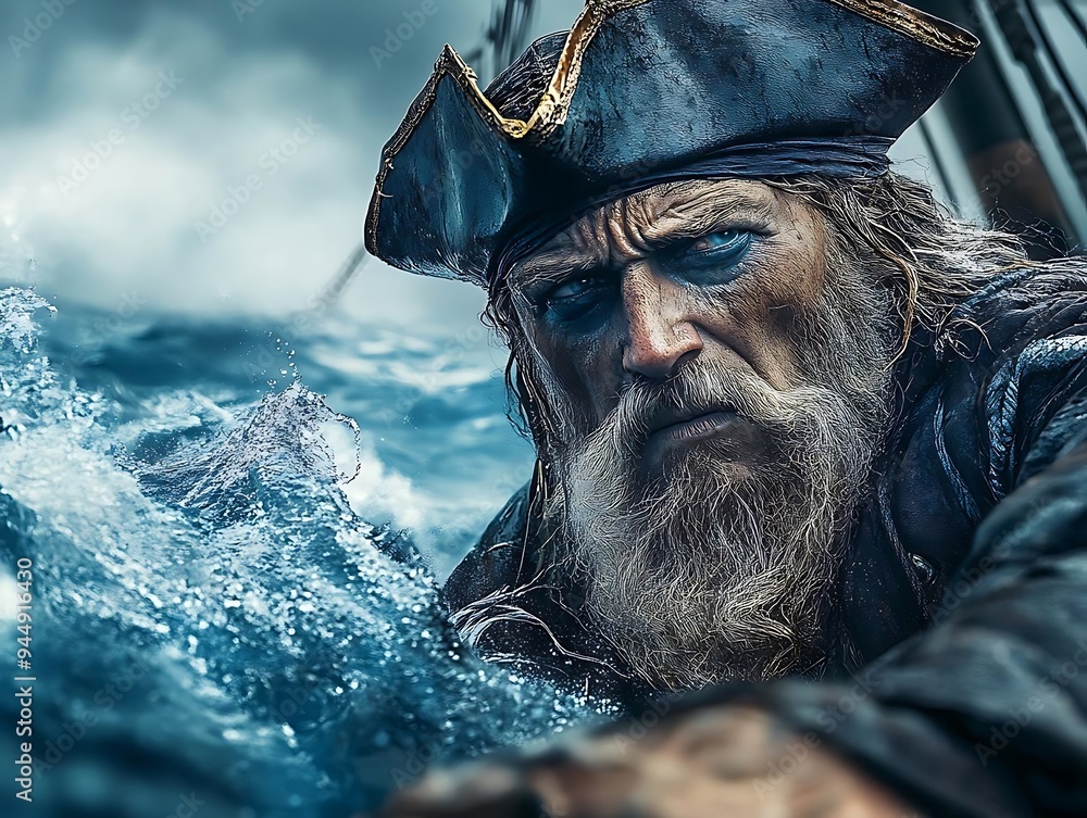 Pirate Captain Illustration - A stern-faced pirate captain with a long ...
