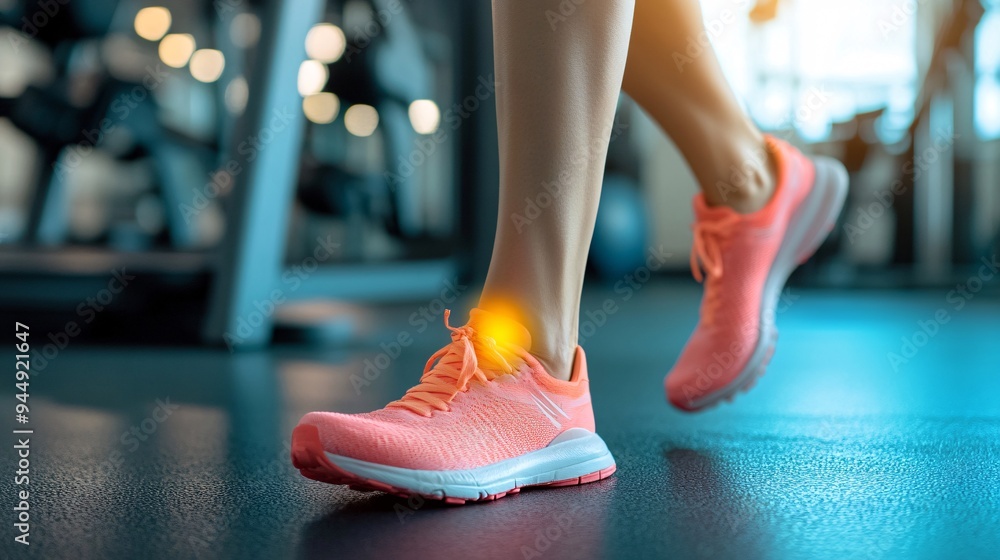 240805 231. A woman having pain at heel in gym. Calcaneus inflamed due ...