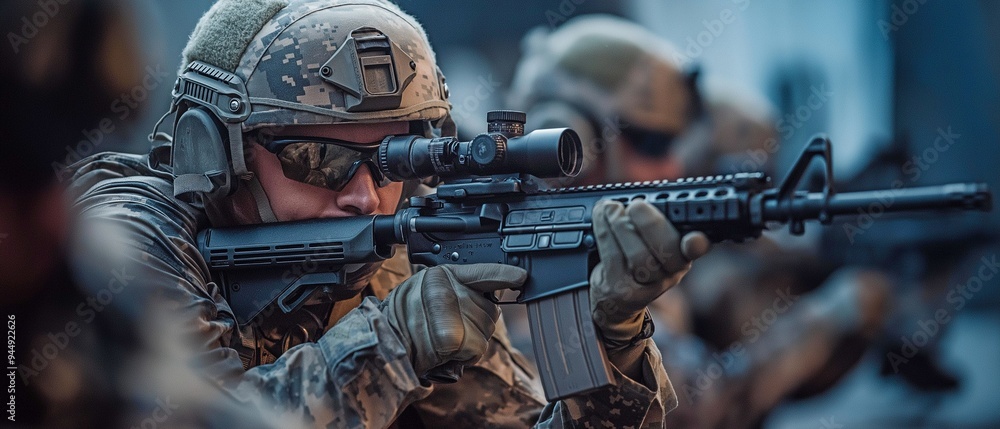 Soldiers from the Army at a command centre carrying weapons with long ...