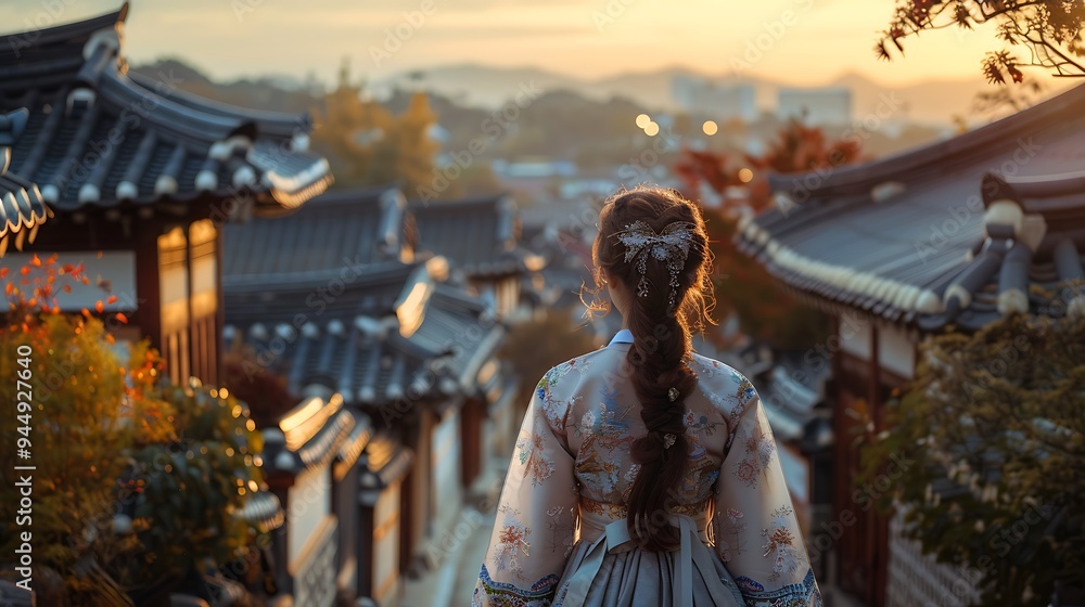 A beautiful image of a Korean model strolling through Bukchon Hanok ...