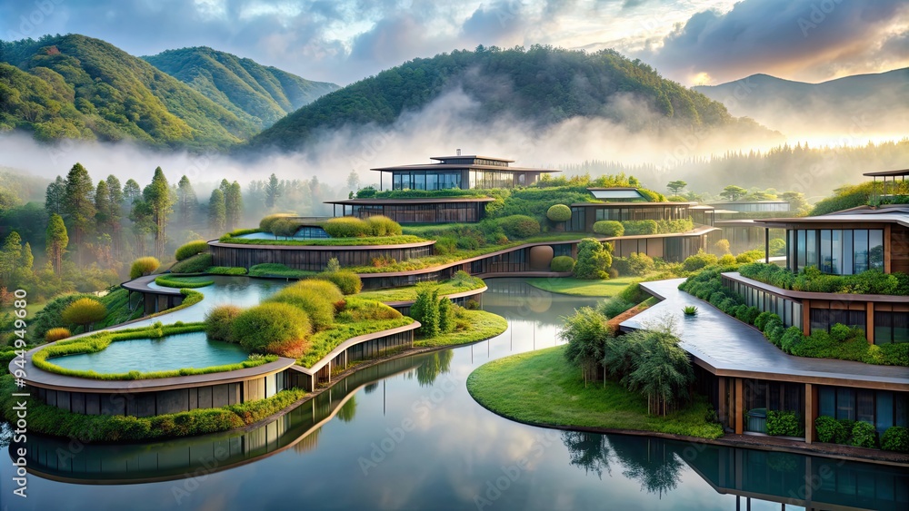Sustainable eco-resort with green roofs and water features nestled in a ...