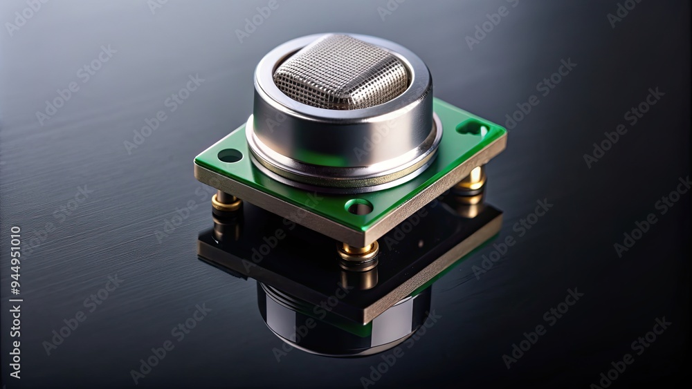 Side view of MQ2 gas sensor module on reflective glass black background ...