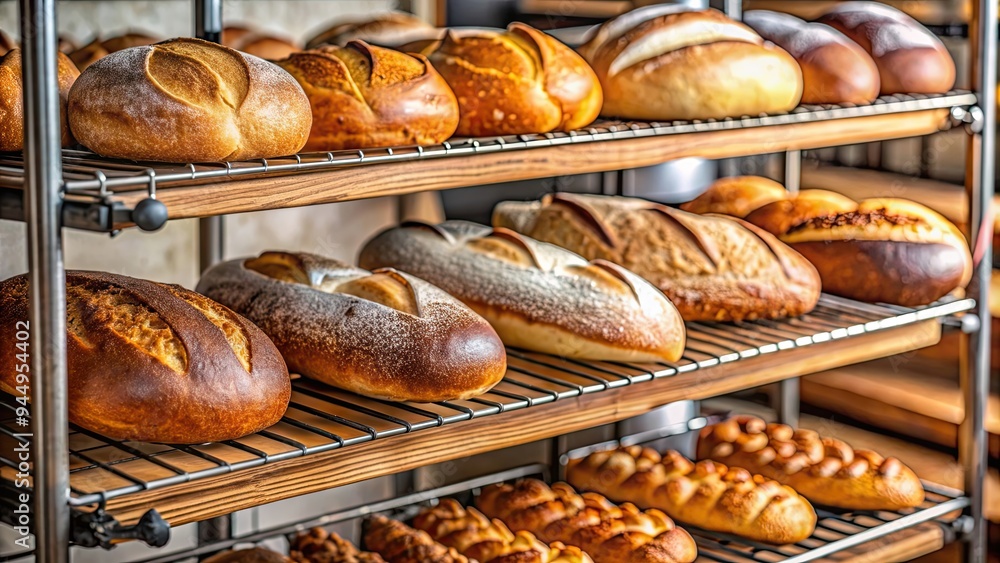 French baguette and whole-grain sourdough bun on a bakery rack for ...
