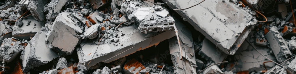 Fragments of demolished concrete structures Rubble from a torn-down ...
