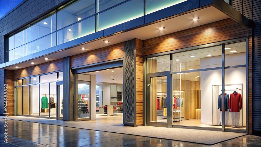 Brightly lit and modern retail store exterior with open doors and bold ...