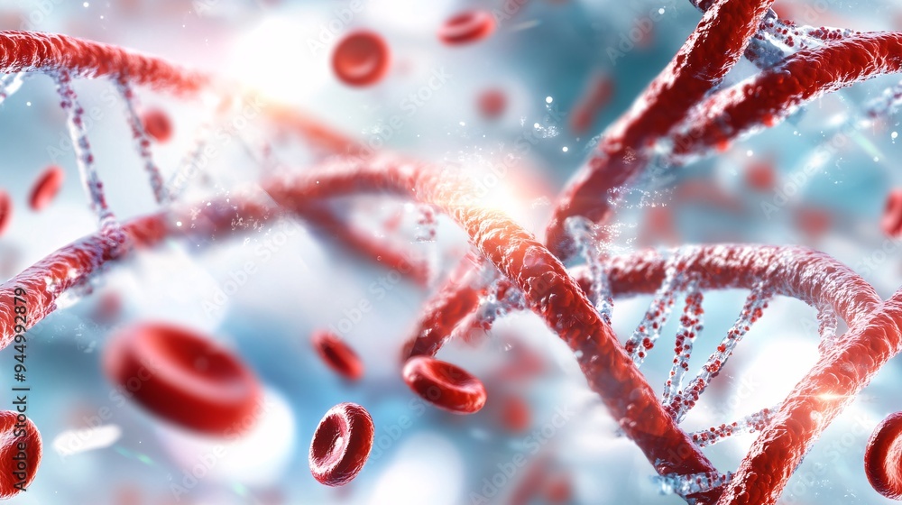 Abstract visual of red blood cells and DNA strands inside an artery ...