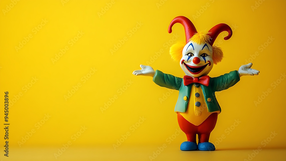 yellow minimalist background, has joker clown toy, color scheme ...