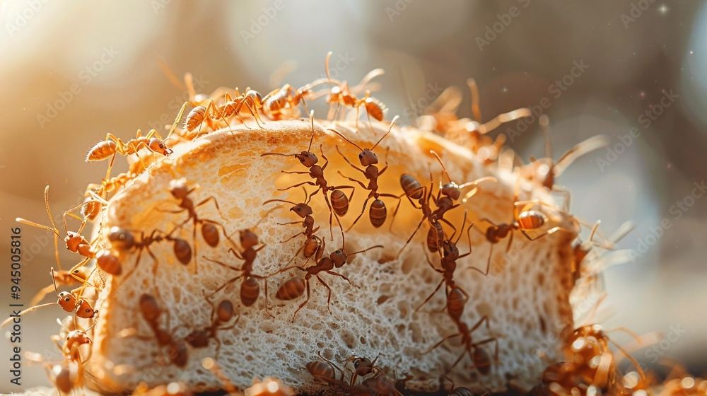 A close-up photo of numerous insects on a piece of bread, scavenging ...