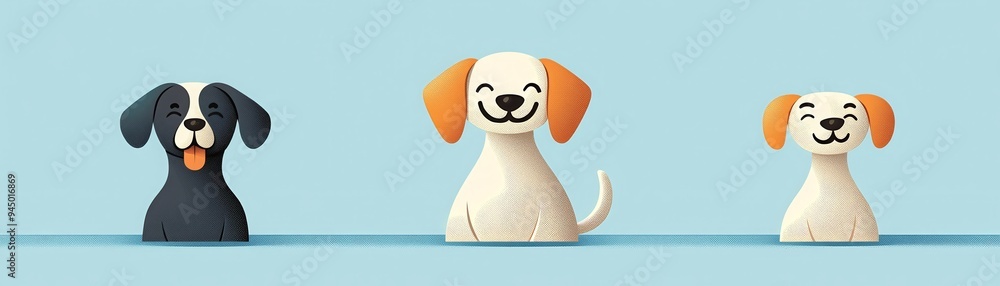 Three cute cartoon dogs with different expressions sitting against a ...