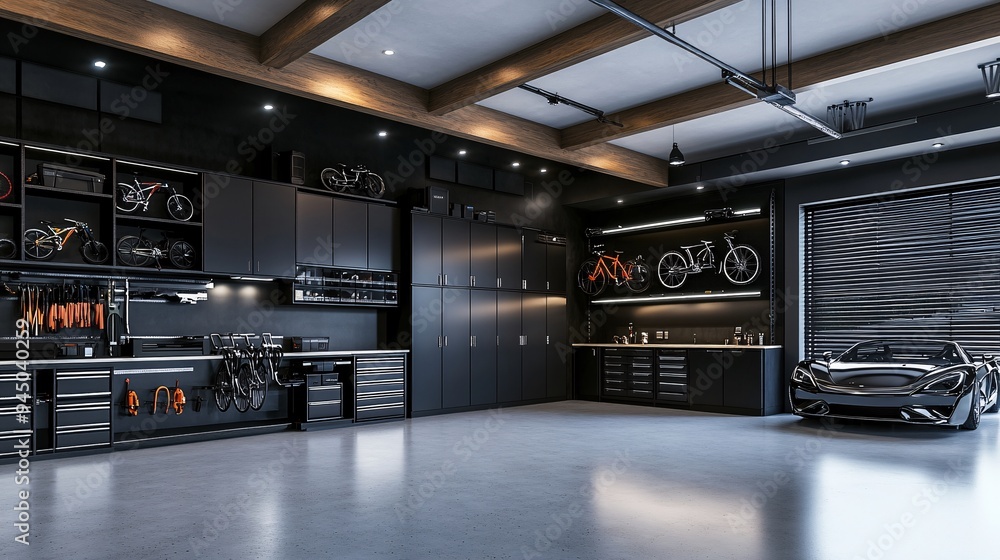 ภาพประกอบสต็อก contemporary style, garage storage space, sleek built-in ...