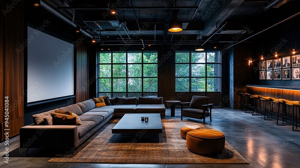 mid-century modern style, garage home theater, large sectional sofa ...