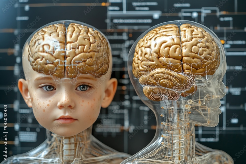 Portrait of a young child with a digital brain overlay representing the ...
