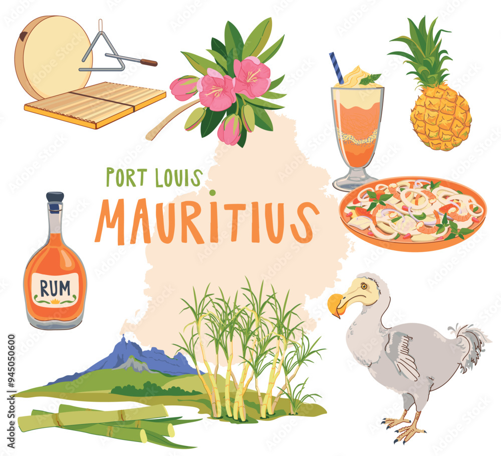 Mauritius map, landmarks of the island in flat style. Vector sugar cane ...