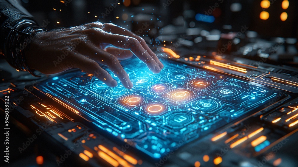 A futuristic virtual keyboard projected onto a desk, with a holographic ...