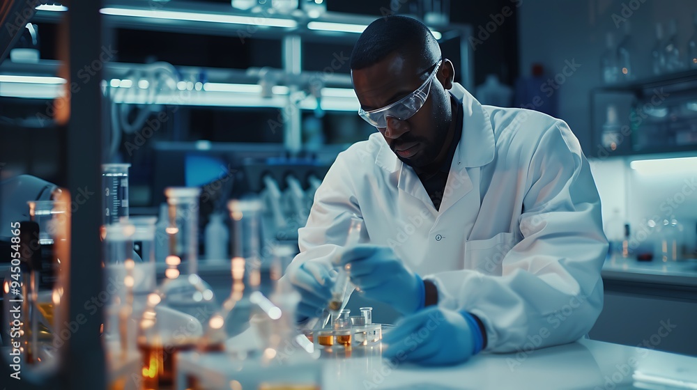 Laboratory scientist conducting experiments, focused and attentive while working with scientific ...