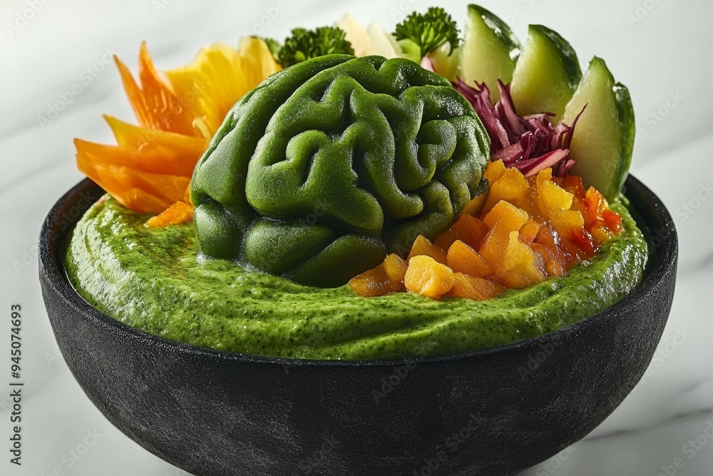 Artistic fruit bowl featuring brain shaped guacamole and assorted ...