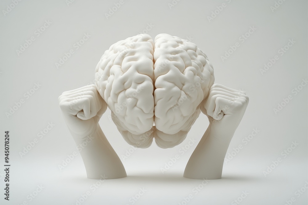 White brain model with clenched fists symbolizing mental strength ...