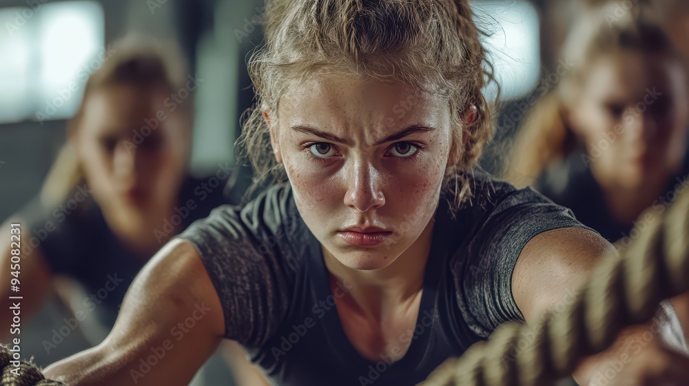 Young women doing battle rope exercises, intense focus in their eyes ...
