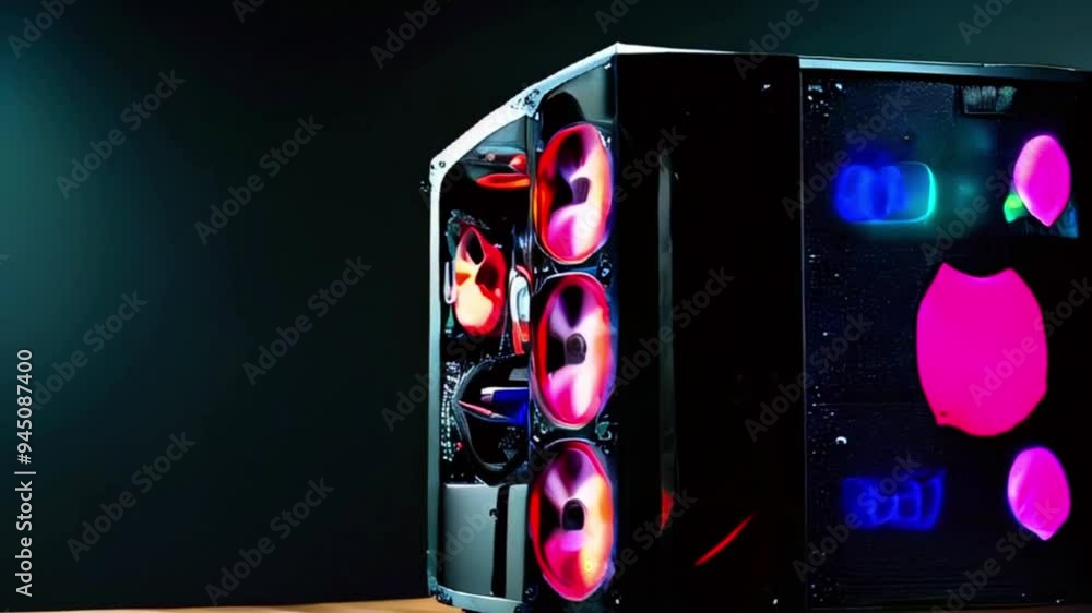 A close-up of a black gaming PC case with red LED lighting on the fans ...