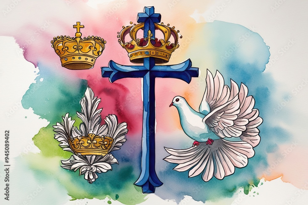 Sacred Triad Spiritual Symbols Watercolor Cross Crown Dove Emblems ...