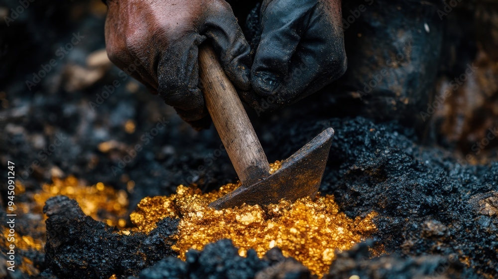 Detailed close-up of a gold miner hands expertly using a pickaxe on a ...