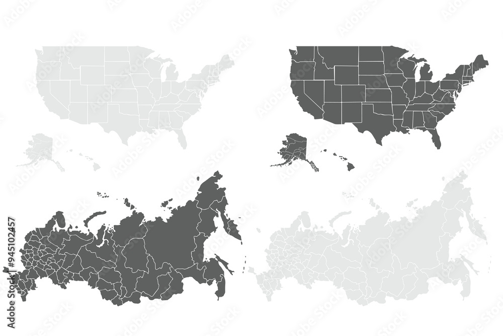 Grey Map of the United States and Russia with simple, clear outlines ...