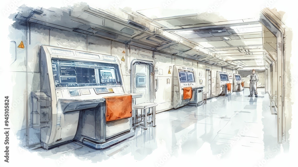 A modern underground control room featuring high-tech terminals and ...